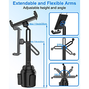Kolasels Cup Holder Tablet Mount for Car, 360° Adjustable iPad Cup Holder Mount, Cup Holder Tablet Holder for Truck, Compatible with iPad Pro Air Mini, Galaxy Tabs, 4.7-12.9" Tablet & Phone