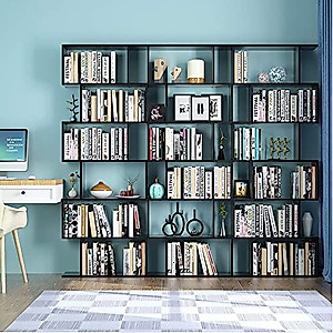 Function Home Geometric Bookcase Wood, S Shaped Bookshelf 6-Tier, Modern Freestanding Multifunctional Decorative Storage Shelving Display Shelves, Black Book Shelf Tall Narrow for Bedroom Living Room