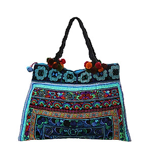 changnoi Unique Fair Trade Tote Bag Embroidered Fabric Large Size from Thailand (Bird Blue)