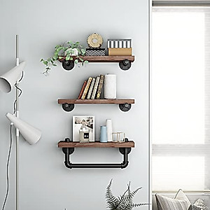 BOSURU Industrial Iron Pipe Shelves Wall Mount Wood Floating Shelf Rustic DIY Storage Shelving with Towel Rack for Bathroom,Living Room,Bedroom(Black,3-Tier)