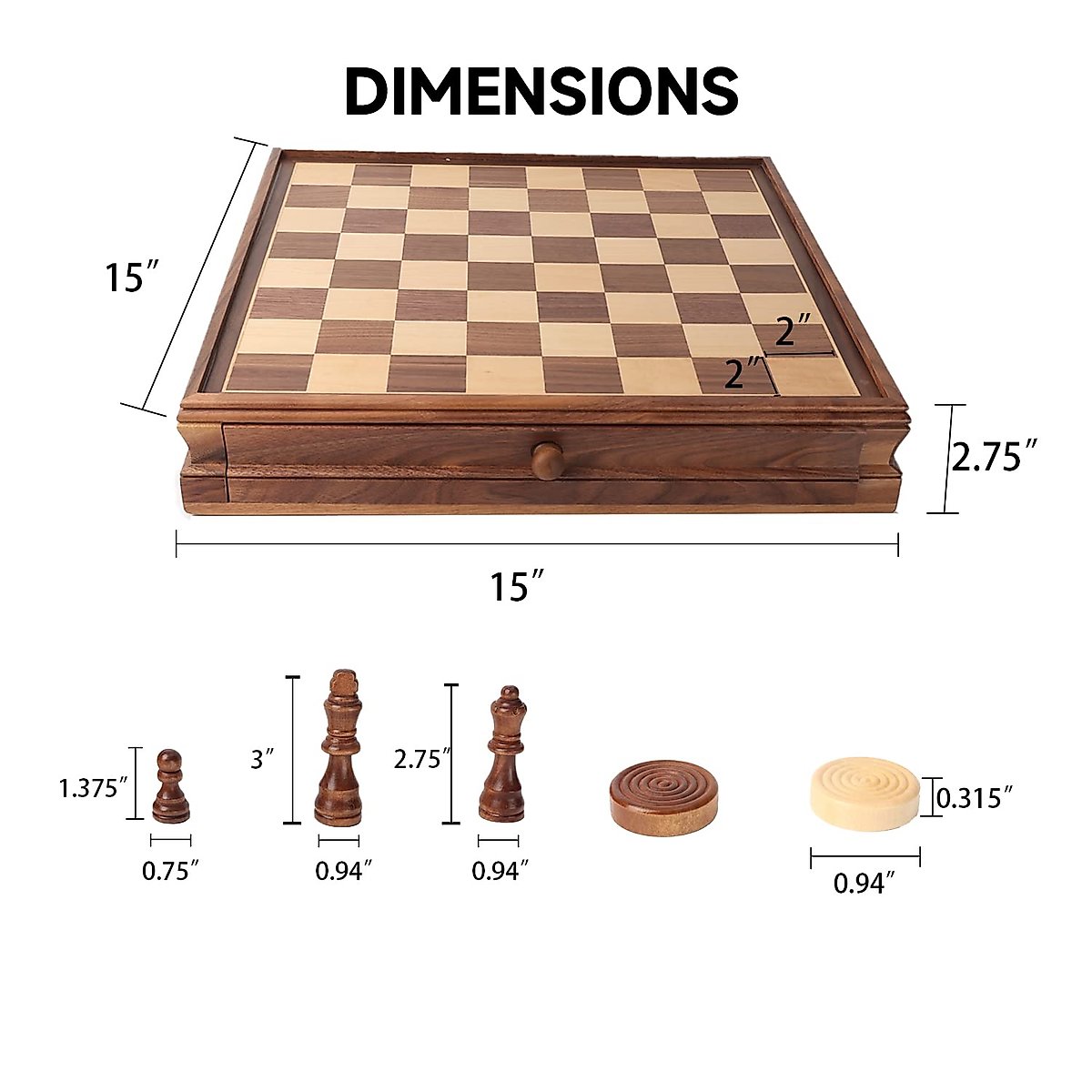 GSE 15" Large Wooden 2-in-1 Chess and Checkers Board Game Combo Set with Drawer, Board Games Chess Checker Set