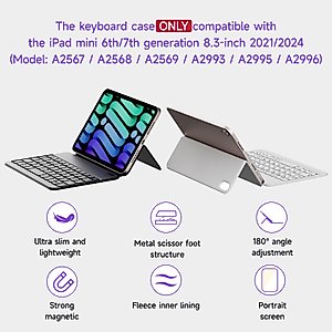 HOU Keyboard Case for iPad Mini 7th (A17 Pro, 2024) & 6th (2021) 8.3-inch, Ultra Slim Folio Type of Keyboard, Power Display, Magnetic Protective Cover Support iPad Mini 6/7