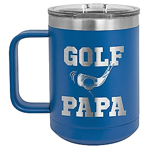 GOLF PAPA Blue 15 oz Coffee Cup w/Slide Top Lid | Insulated Travel Coffee Mug | Unique Gift Ideas From Women or Men | Compare Price To Yeti Rambler