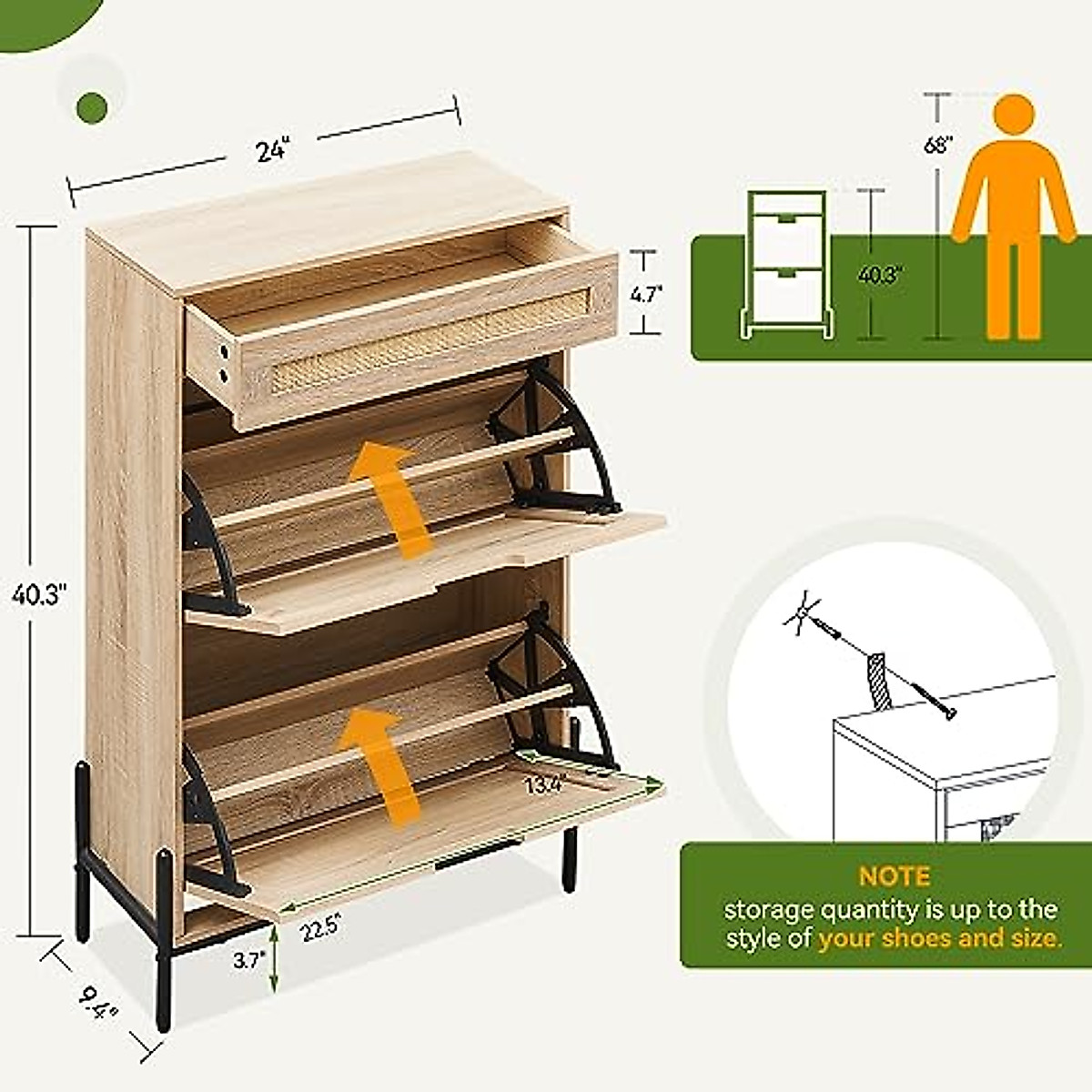 GAOMON Natural Rattan 2 Flip Door with 1 Drawer Shoe Rack Storage Cabinet, Shoe Cabinet Organizer Freestanding with 3-Tier Adjustable Shelves for Entryway, Entrance Hallway (2 Flip Doors, Oak Color)