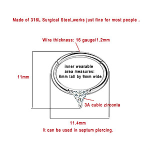 FANSING Surgical Steel Triangular Cubic Zirconia Septum Clicker Silver Septum Piercing Rings 16g Septum Jewelry 8mm Oval Septum Ring Hoop