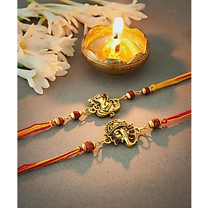 Eximious India Rakhi For Brother - Set of 2 With Card Rudraksha Ganesha Pendant For Raksha Bandhan Designer Rakhi Thread for Bhaiya (Design 2)