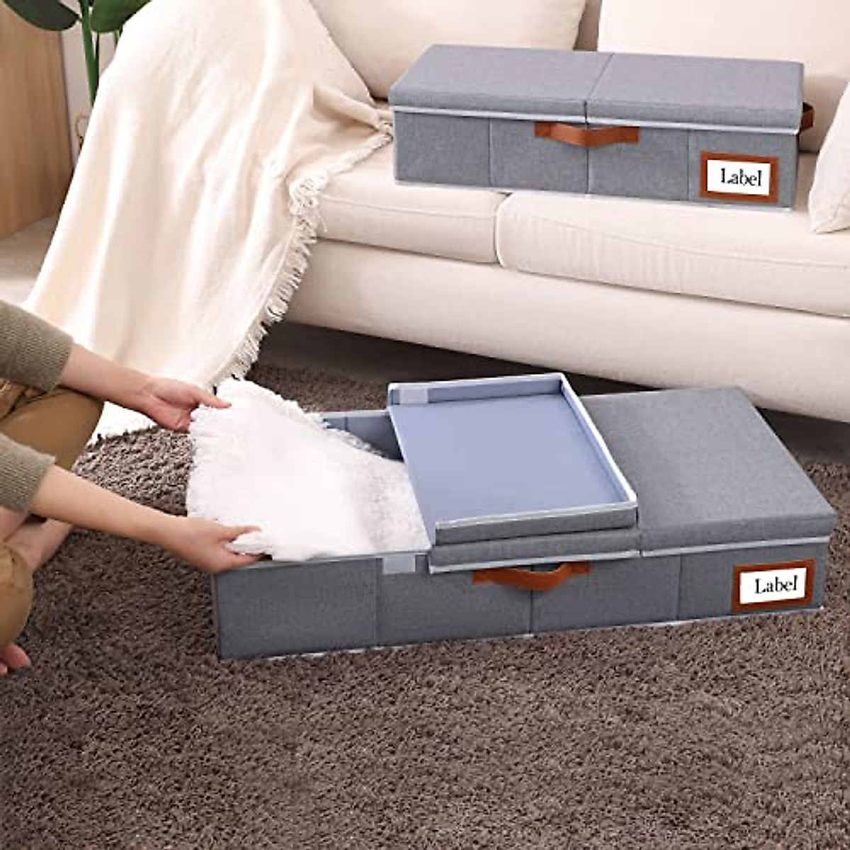 Yawinhe Under Bed Storage With Lids, Foldable Underbed Storage Box with Handles, Under Bed Storage Organizer Bins for Clothes, Blankets, Pillows, 31.5''Lx15.7''Wx6''H, 2-pack, Grey