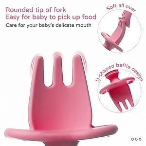 Silikong Silicone Utensils, Baby Fork and Spoon Set, Training Utensils, Baby Led Weaning Stage 1 for Ages 6 Months (Pink)