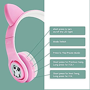 Girls Wireless Headphones, LED Flashing Lights, Music Sharing Function, Stereo Sound, SD Card Slot and Build-in Mic Wireless/Wired Children Bluetooth Headphones for Girls (Pink)