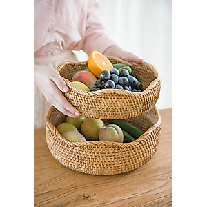 VPQ Handmade Rattan Bread Baskets Round Wicker Fruit Serving Storage Bowls, Natural Woven Decorative Kitchen Counter Organizing (Honey Brown) M-10.2''