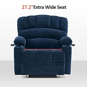 MCombo Power Lift Recliner Chair Sofa with Massage and Heat for Big Elderly People, USB Ports, Side Pockets, Fabric R7096 (Medium-Wide, Navy Blue)