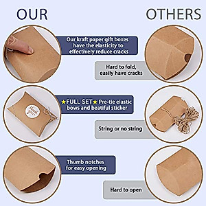 Second Angel 50 Kraft Paper Pillow Boxes With 50 Silver Elastic Tie for Wedding Party Favors, Jewelry, Candy, Soap & Present, Gift Card Holder, Small Gift Boxes, Recycled homemade Packaging