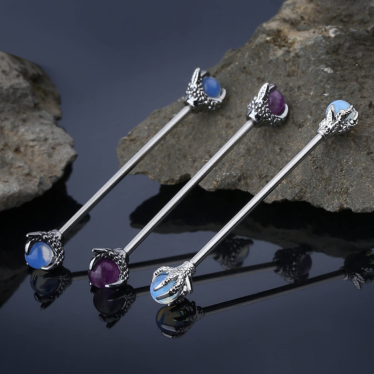 OUFER 14G Industrial Barbell 316L Stainless Steel Dragon Claw Natural Stone Industrial Barbell Piercing Jewelry Cartilage Earrings