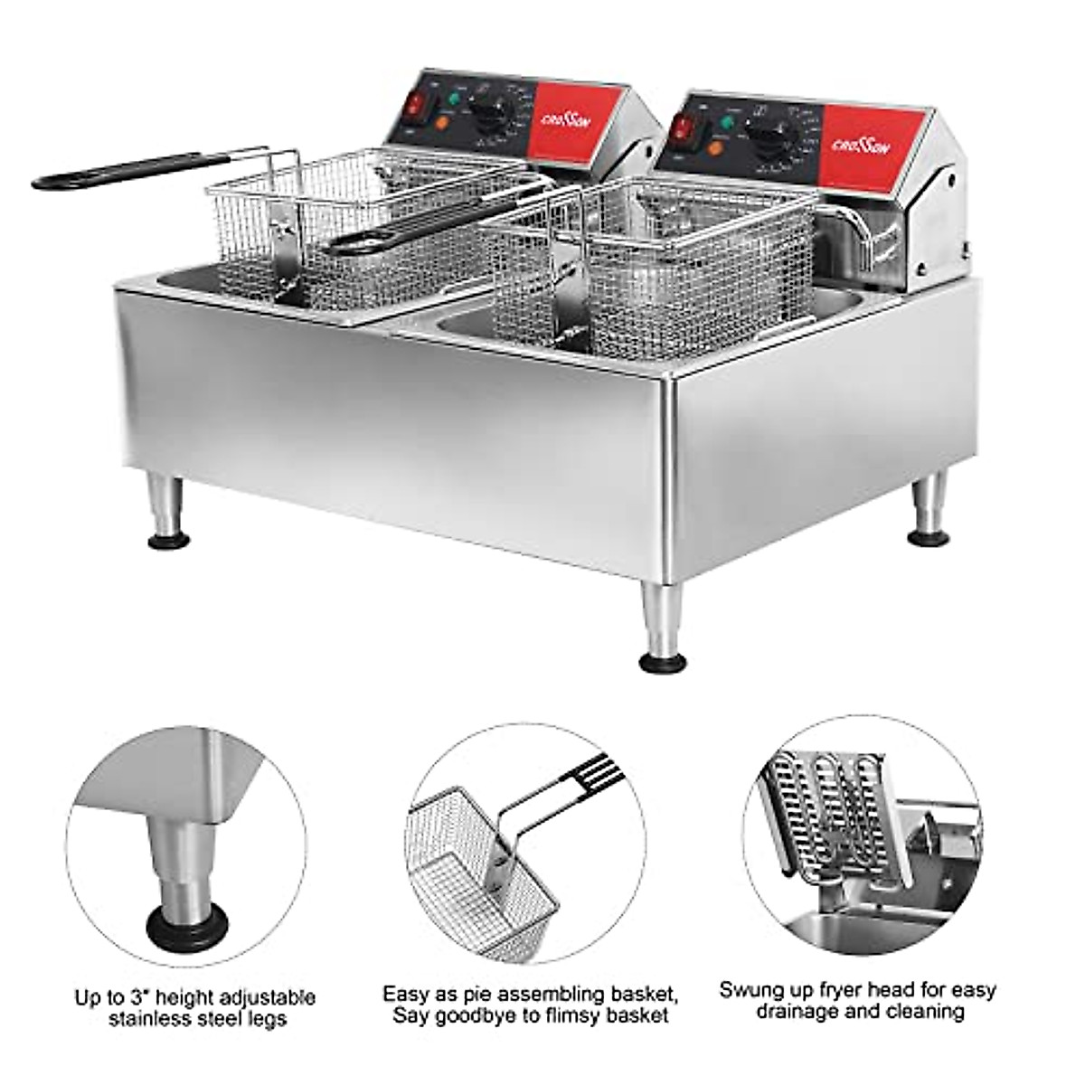 CROSSON ETL Listed Dual Tank 26Lbs Electric Countertop Deep Fryer with Easy-assembling Solid Basket ,Removable Oil Container,Height Adjustable Leg and Lid for Restaurant Home Use-120V,3600W Stainless Steel Commercial Deep Fryer