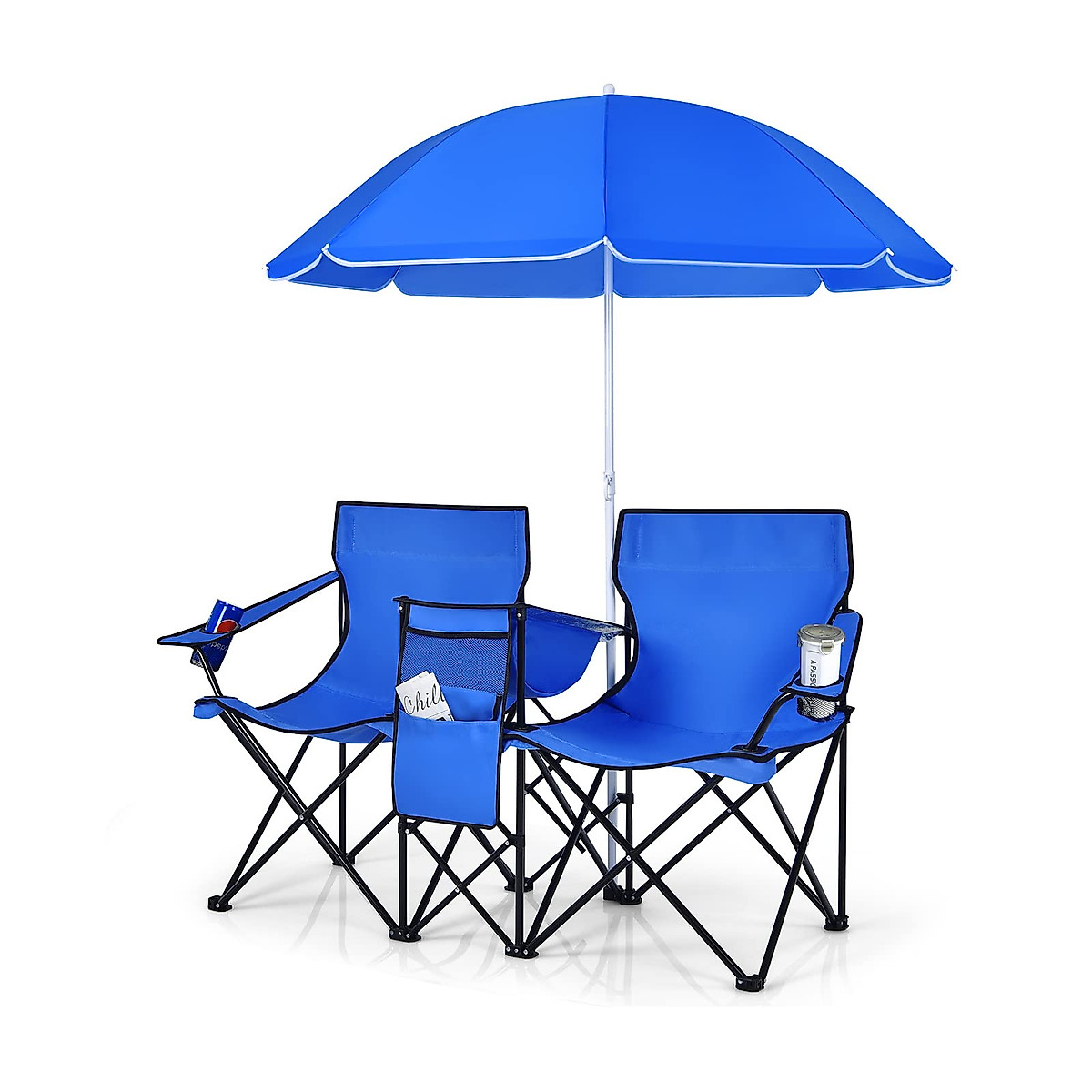 ARLIME Double Folding Beach Chairs, Outdoor Picnic Portable Loveseat Chairs with Removable Umbrella & Mini Table Carrying Bag, Camping Chair for Patio, Pool, Park (Blue)