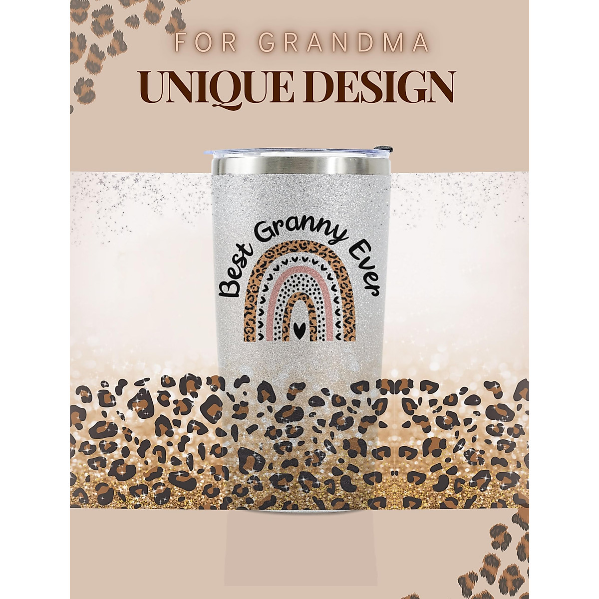 Onebttl Granny Gifts from Granddaughter, Grandson, Insulated Stainless Steel Wine Tumbler with Lid and Straw, for Grandma on Mother's Day, Birthday, Christmas, Best Granny Ever, Glitter Silver, 20 oz