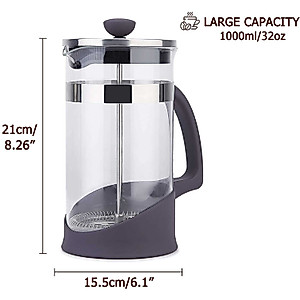 Kitchenexus French Press Coffee Maker, Coffee Press & Tea Maker with Stainless Steel Filter, Portable Glass Coffee Press with 4 Filter Screens 32oz/1000ML, Ideal for Camping Travel