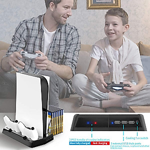 OSTENT Multi-Function Vertical Stand, Charging Station Dock, Cooling Fan, Retractable Game Storage Bracket for Sony PS5 Disc/Digital Edition Console DualSense Controller