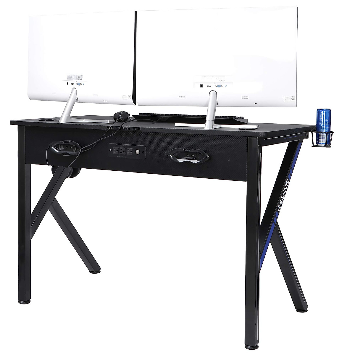 SUPER DEAL Gaming Desk 45" W x 23" D x 30" H Home Office Computer Desk w/Power Outlet, Free Red and Blue Stickers, Cup Holder, Headphone Hook, Black