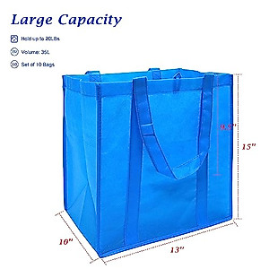 Swotiva Reusable Grocery Bags 10 Pack, Eco-Friendly Tote Bags with Reinforced Handle and Removable Bottom, 15"x13"x10" Large Washable Non-woven Shopping Bags for Groceries Gift Parties, Blue