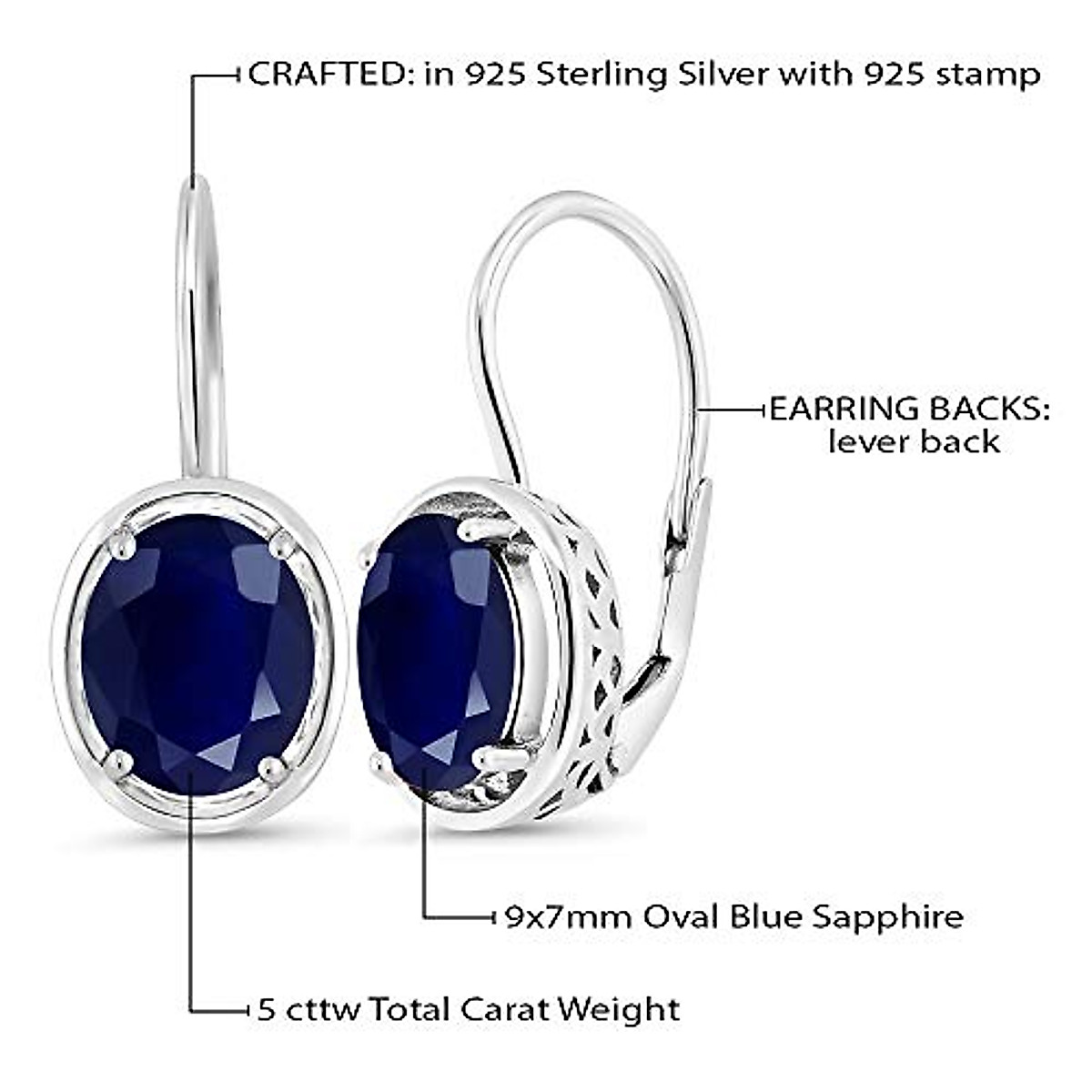 Gem Stone King 925 Sterling Silver Blue Sapphire Dangle Earrings For Women (5.00 Cttw, Gemstone Birthstone, Oval 9X7MM)