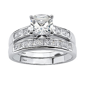 PalmBeach 10K White Gold Cushion Cubic Zirconia Bridal Ring Set Sizes 5-10 Size 5