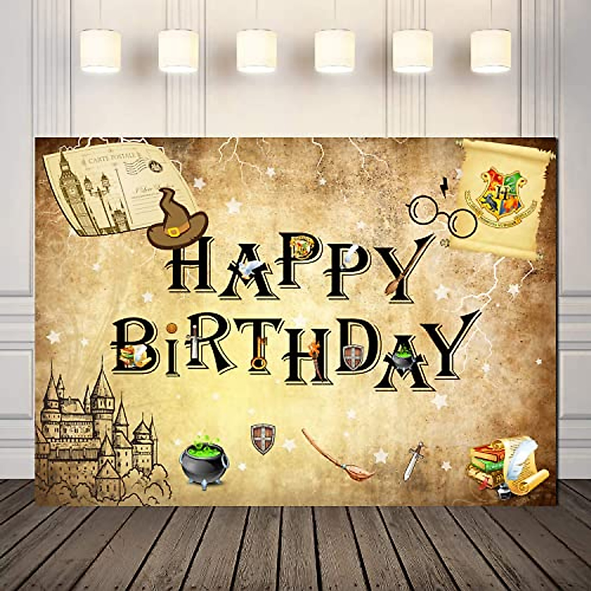 LYCGS 7X5ft Wizard Happy Birthday Backdrop Magic Castle School Backdrop Wizard Photography Background Boys Girls Kids Birthday Party Decor Banner X-110