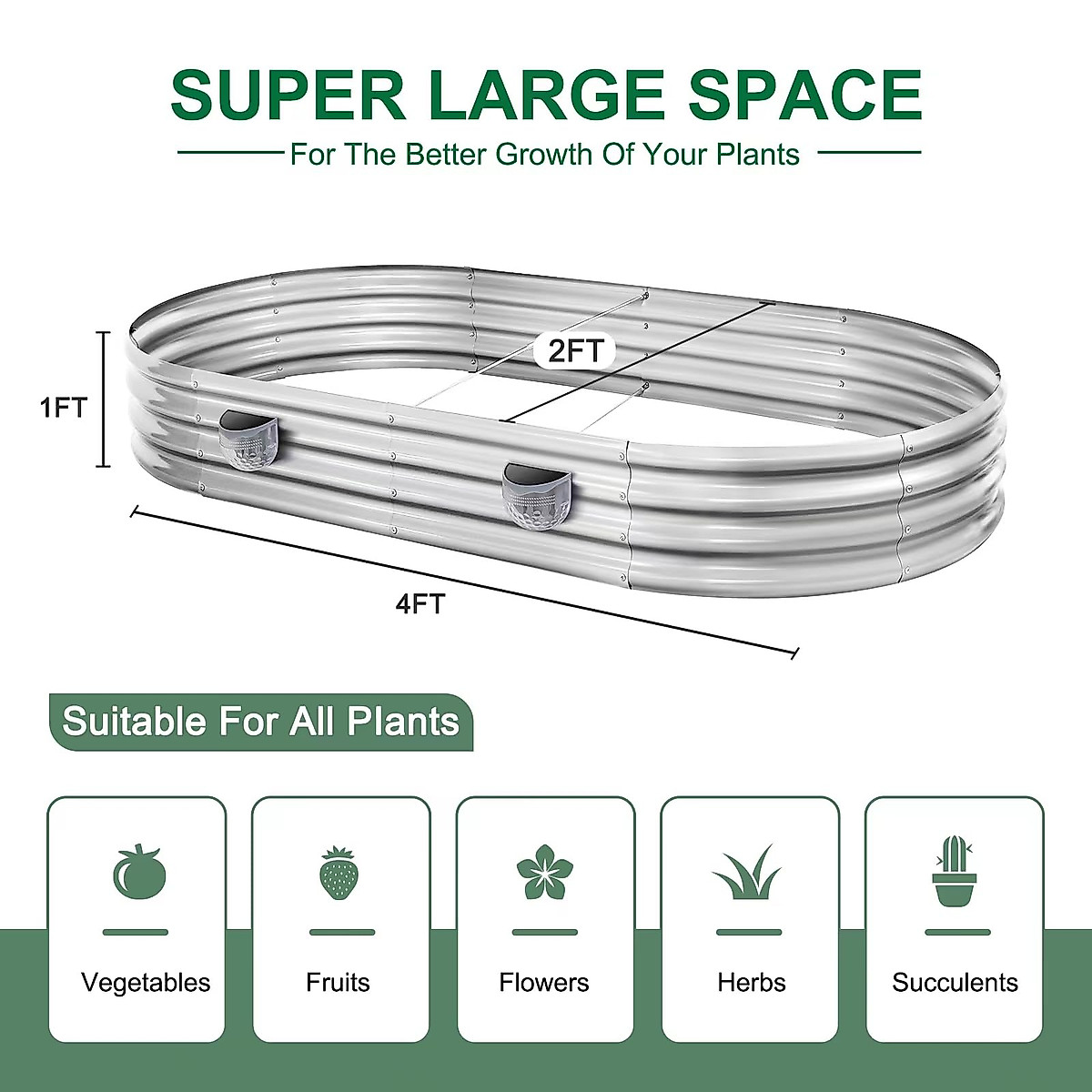 Land Guard Galvanized Raised Garden Beds Outdoor with 2 Magnetic Solar-Powered Lights(Grey), Metal Planter Raised Beds, 4×2×1Ft Metal Raised Garden Beds for Gardening, Vegetables, Flowers
