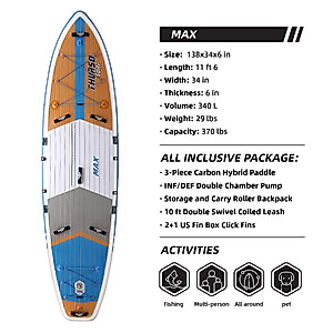THURSO SURF Max Multi-Purpose Inflatable Stand Up Paddle Board SUP 11'6 x 34'' x 6'' Two Layer Deluxe Package Includes Carbon Shaft Paddle/2+1 Quick Lock Fins/Leash/Pump/Roller Backpack