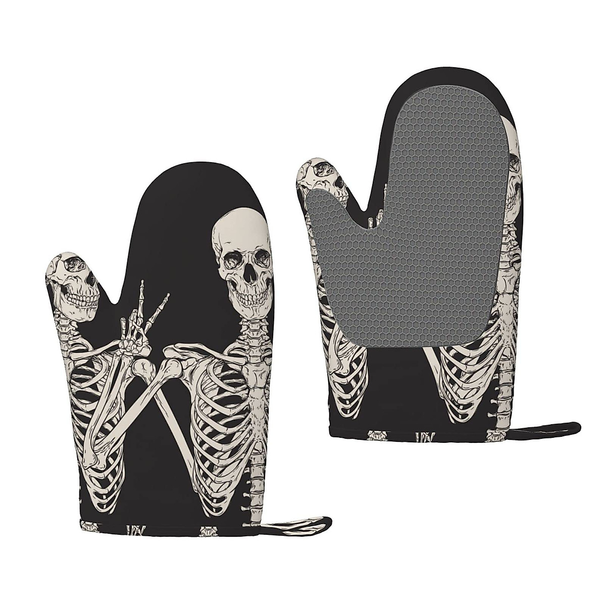 Silicone Heat Resistant Oven Mitts Set, Halloween Human Skull Skeleton Best Friend Waterproof Non-Slip Thick Gloves for Kitchen BBQ Cooking Grilling Baking, Sets of 2, 11 in
