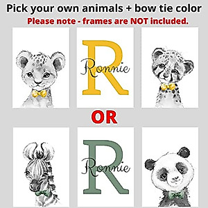 Personalized Safari Animals for Baby Boys Nursery Bedroom Unframed set of 3 Poster Prints, Personalized Name Blue Green Yellow Bow Tie Wall Art Decor New Baby Gift Present, Elephant Giraffe Lion Zebra (8x10)