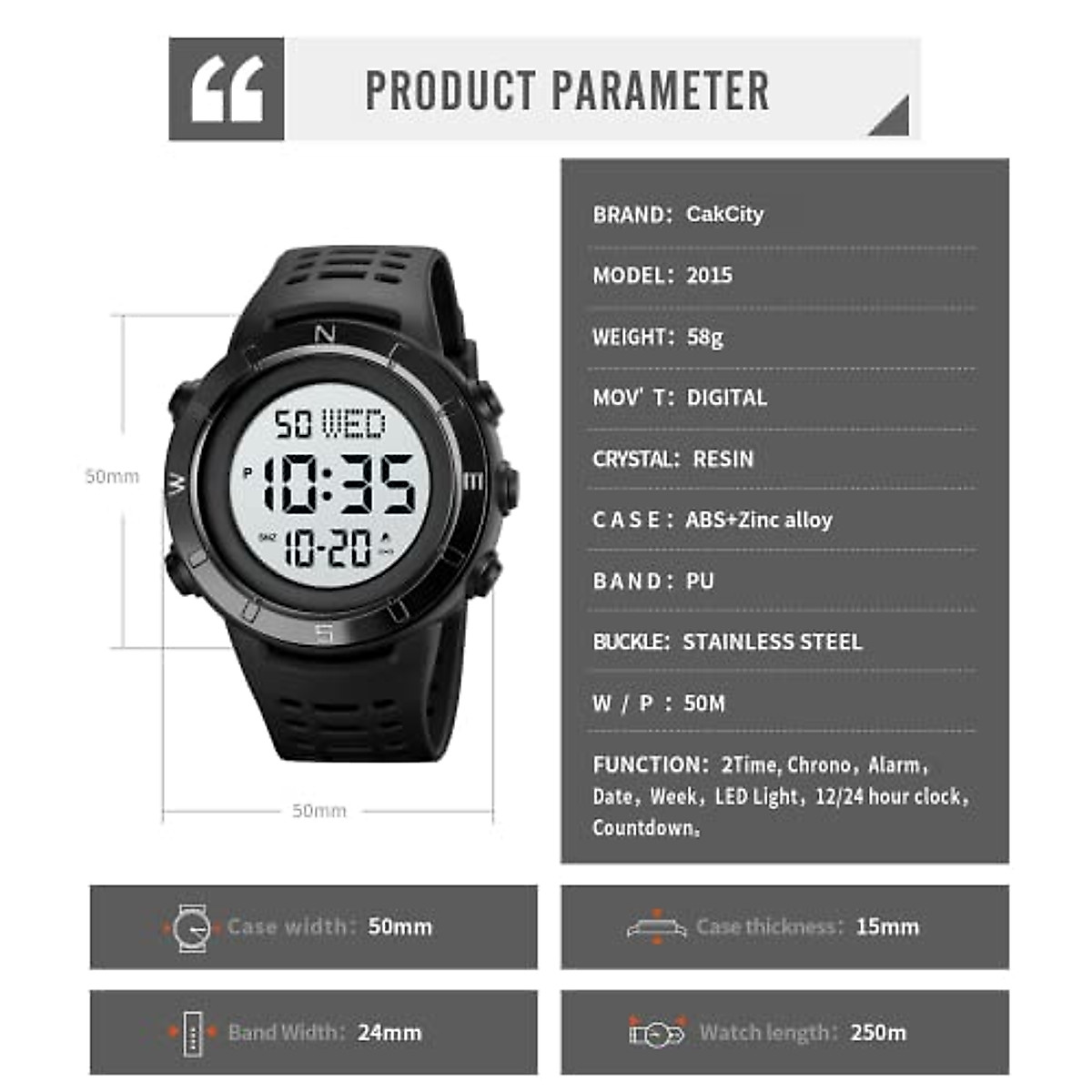 CakCity Sports Watch Men with Large Face 50M Waterproof Watch for Men Digital Watch Outdoor Sports Watches for Men Unisex,Black