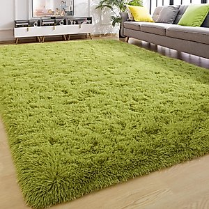 YJ.GWL Area Rugs for Living Room Bedroom, 4x6 Machine Washable Large Green Carpet, Soft Fluffy Shaggy Thick Big Shag Indoor Floor Rug for Kids Boy and Girls Room Dorm Home Decor Aesthetic
