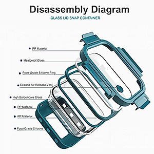 GENICOOK Borosilicate Tempered Glass Food Storage Containers with Glass Lid - Food Grade Silicone Wrap & Air Release Vent, Rectangle shape - 10 pc set (5 Containers - 5 Matching Lids) Multi-colored