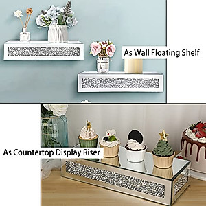 JUXYES Crushed Diamond Wall Floating Shelves Sparkle Glass Riser for Display, Wall Art Showcase Shelf Decorative Pedestal Stand Unique Glass Display Floating Wall Shelf