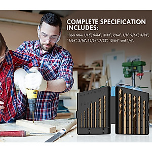 MACXCOIP Cobalt Drill Bit Set, 13Pcs M35 High Speed Steel Jobber Length Drill Bit Kit for Hardened Metal, Stainless Steel, Cast Iron, Wood and Plastic, with Index Storage Case, 1/16"-1/4"