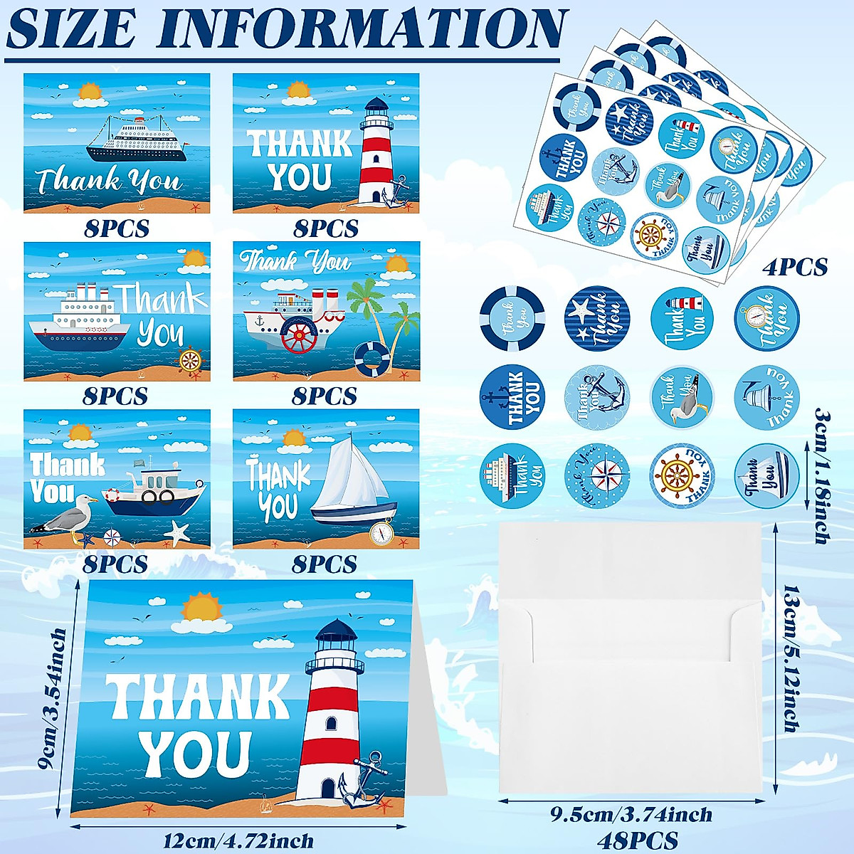 Lincia 48 Pack Cruise Staff Thank You Cards with Envelopes and Stickers Cruise Nautical Thank You Notes for Cruise Staff Thank You Gifts Bulk Cruise Accessories for Ship Boat Birthday Greeting