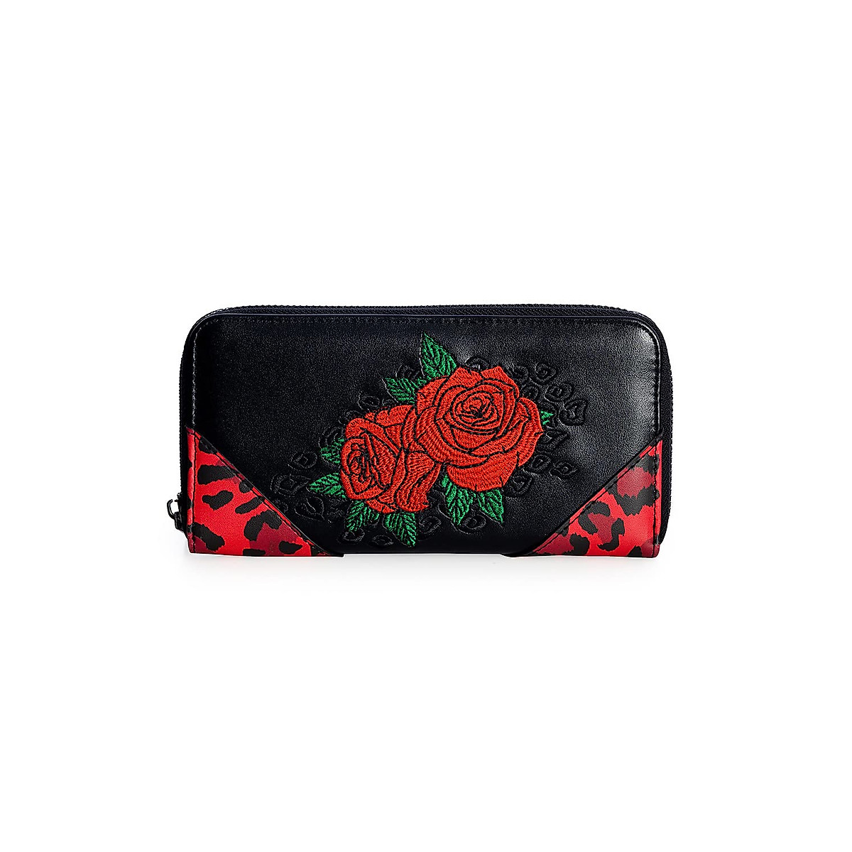Lost Queen Women's Rockabilly Rose Zip Around Wallet Flowers Leopard Cheetah Print Clutch