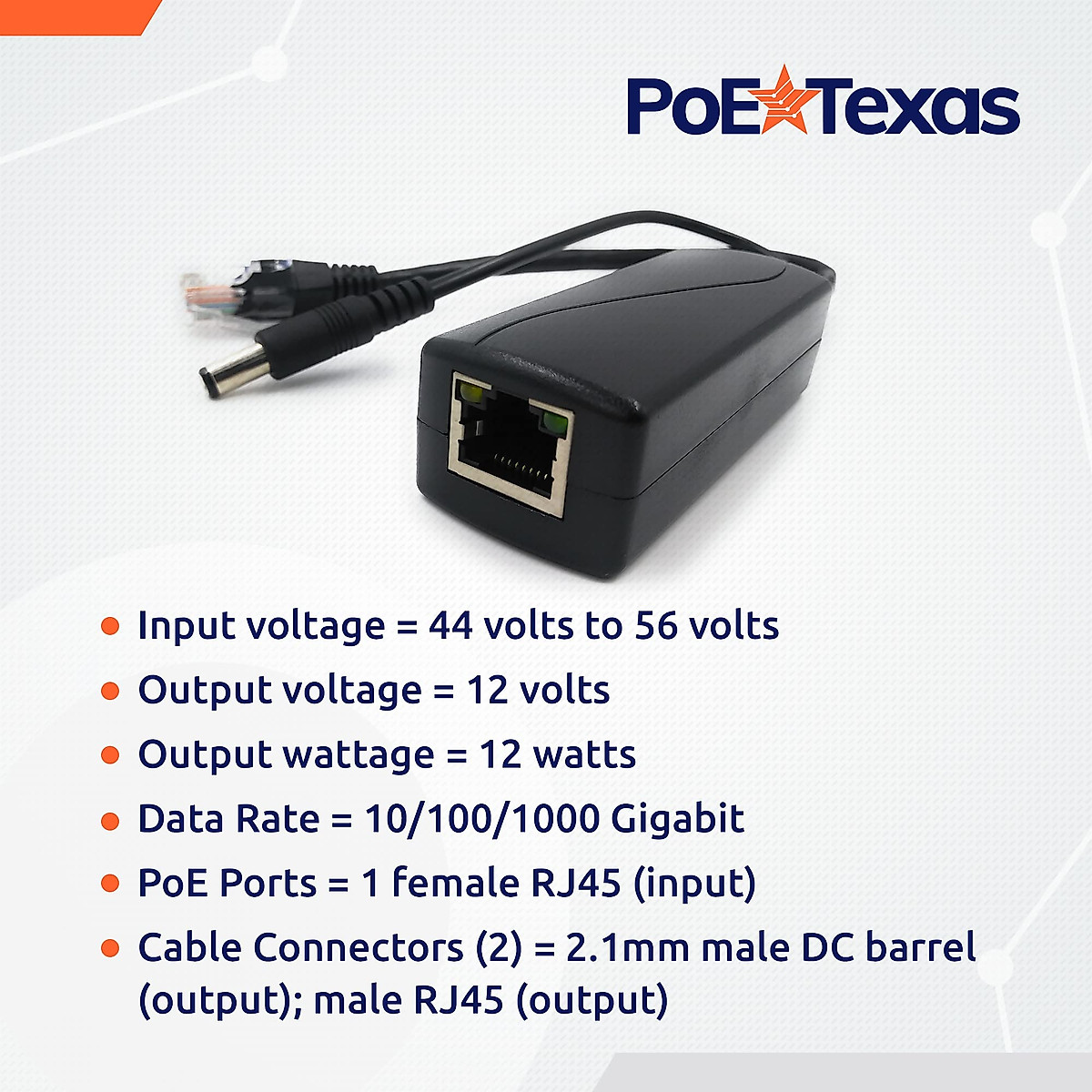 PoE Texas IEEE 802.3af 12v Splitter - Power Over Ethernet Single PoE Splitter 12v 12w Gigabit Data - Active Opto-Isolated Protection for 12 Volt DC Powered Devices, IP Camera, Foscam, Arduino