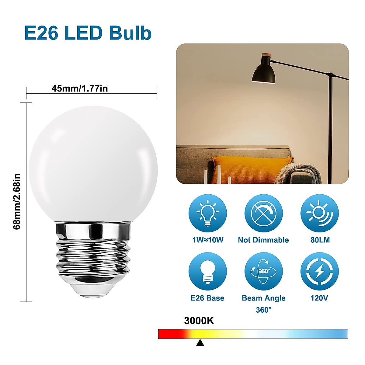 ProCrus E26 LED Light Bulb,G14 1W,1 Watt Small Night Light Bulbs,3000K Soft White,80LM,10W Equivalent,for Bedroom, Ceiling Fan, Table Lamp, Kitchen, Pendant Fixtures,Vanity,120V,Not Dimmable,6 Pack