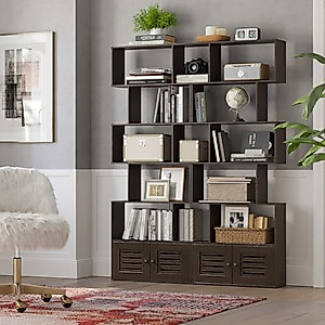 DINZI LVJ 6-Tier Bookshelf, S-Shaped Geometric Bookcase, Book Shelf with Cabinet, Display Shelf with Door, Freestanding Decorative Storage Shelving for Living Room, Home Office, Espresso