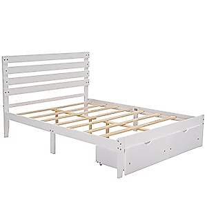 Full Bed with Drawers,Wood Bed Frame with Headboard and Footboard Mattress Foundation Wood Bed Platform for Boys, Girls, Kids, Young Teens and Adults,White