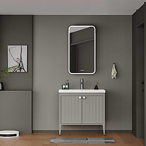 tunuo 20”W x 36”H Medicine Cabinets for Bathroom with LED Mirror, Black Round Corner Surface Mounted Medicine Cabinets with Defogger, Dimmer, Outlets & USB, Single Door