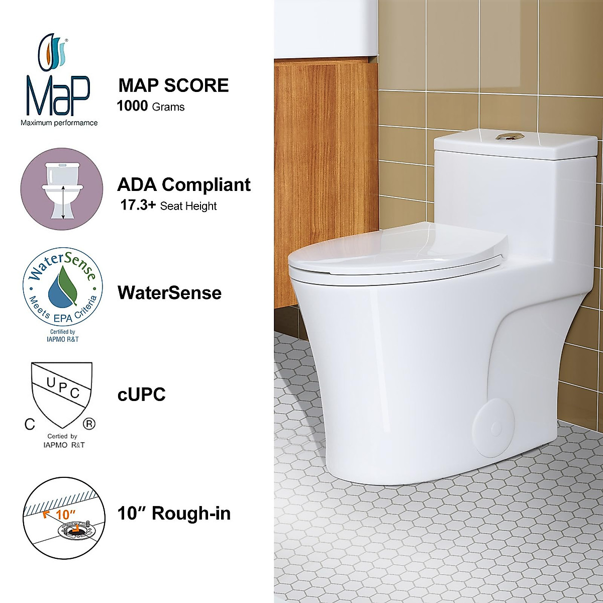 HOROW T0338W One Piece Toilet 10" Rough-in, Elongated Toilet with Comfortable Seat Height, ADA Chair Height 17.3", Dual Flush 0.8/1.28 GPF & MAP 1000g, Standard White Toilet Bowl, Space Saver Design
