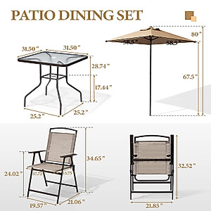 Crestlive Products 6 PCS Patio Dinning Set, 4 Folding Chairs, Square Tempered Glass Table and Umbrella Set, Outdoor All Weather Furniture for Lawn, Deck, Backyard, Garden (Khaki Chairs & Umbrella)
