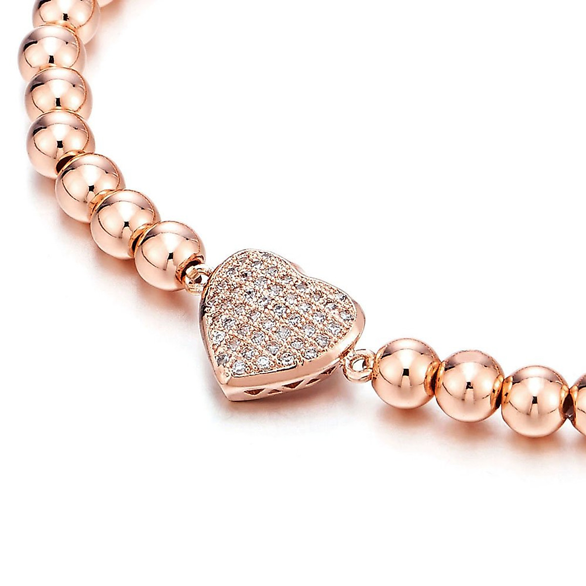 COOLSTEELANDBEYOND Rose Gold Beads Link Charm Bracelet for Women with Cubic Zirconia Heart Charm, Polished
