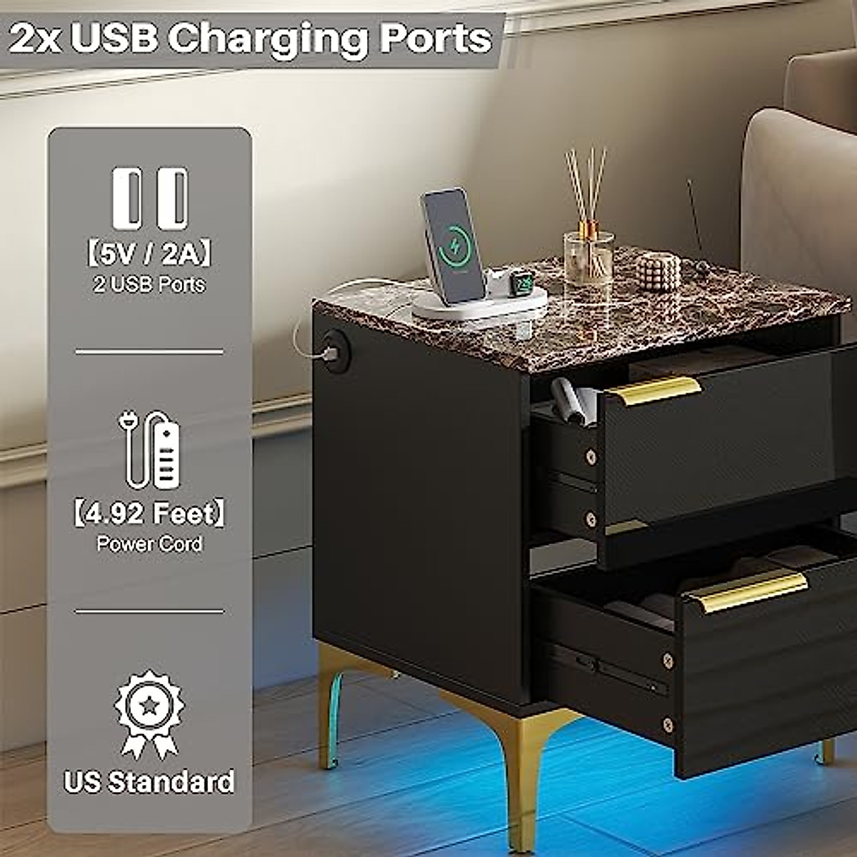 Wuden LED Nightstand with Charging Station,Vintage Faux Marble High Gloss Bedside Table with 2 Drawers,Stylish End Table with LED Lights for Bedroom and Living Room,Easy Assembly,Black