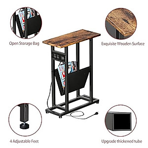 LAKEMID Narrow Side Table Set of 2 with Charging Station, Skinny Side Tables with Storage, Slim End Tables for Small Spaces with USB Ports for Living Room, Bedroom, Rustic Brown