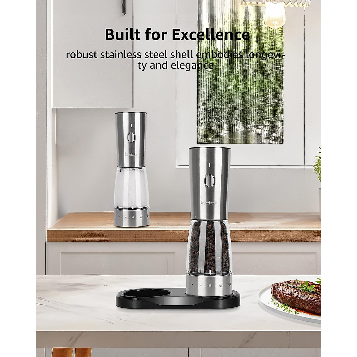 Electric Salt and Pepper Grinder Set, Large Capacity 5.3oz Salt and Pepper Grinder Set with Adjustable Coarseness, Rechargeable Stainless Steel Electric Pepper Grinder with Elegant Storage Base