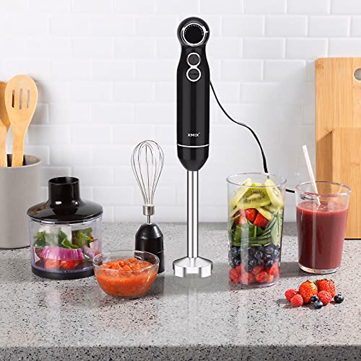 Immersion Blender XMIX, 4-in-1 Immersion Hand Blender 20 Speed & Turbo, Electric Stick Blender Stainless Steel with Beaker, Whisk, Chopper for Baby Food, Soup Blender Handheld